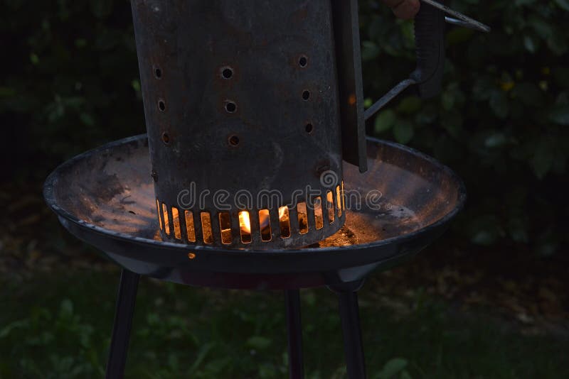 Ignition of Charcoal in Barbecue Chimney Stock Photo - Image of flame ...