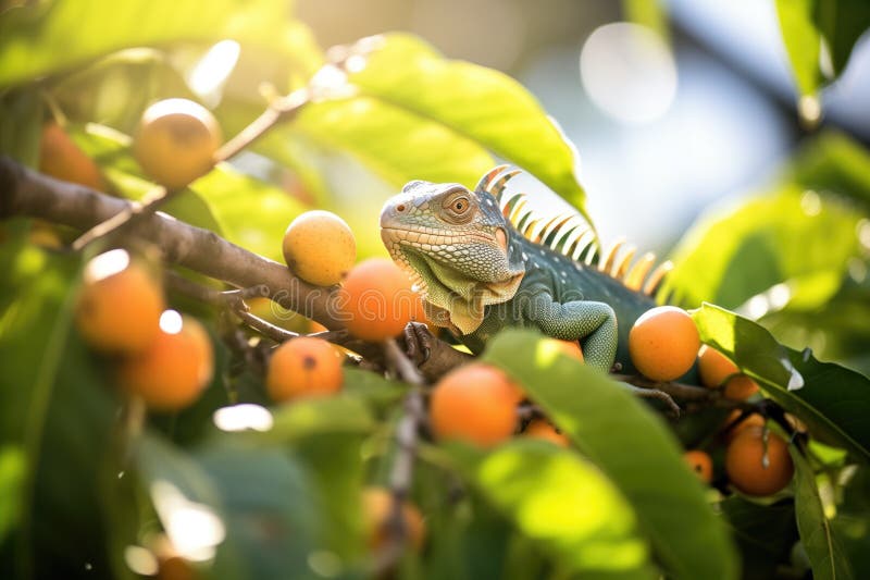 Iguana Basking in Sunlight Atop a Fruit Tree Stock Illustration ...