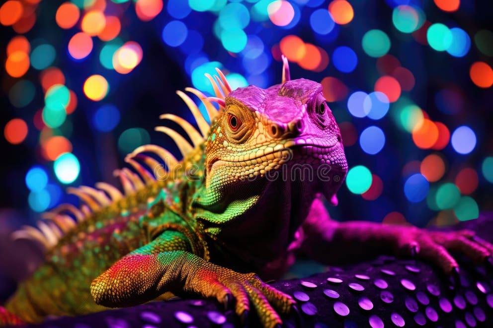 Iguana Basking Under Multicolored Party Lights Stock Illustration ...