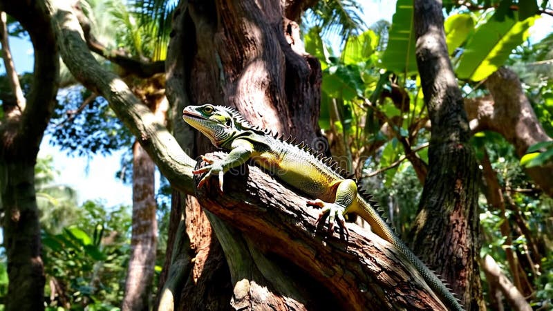 Iguana Sunbathing on a Tree Trunk at Forest Stock Video - Video of ...