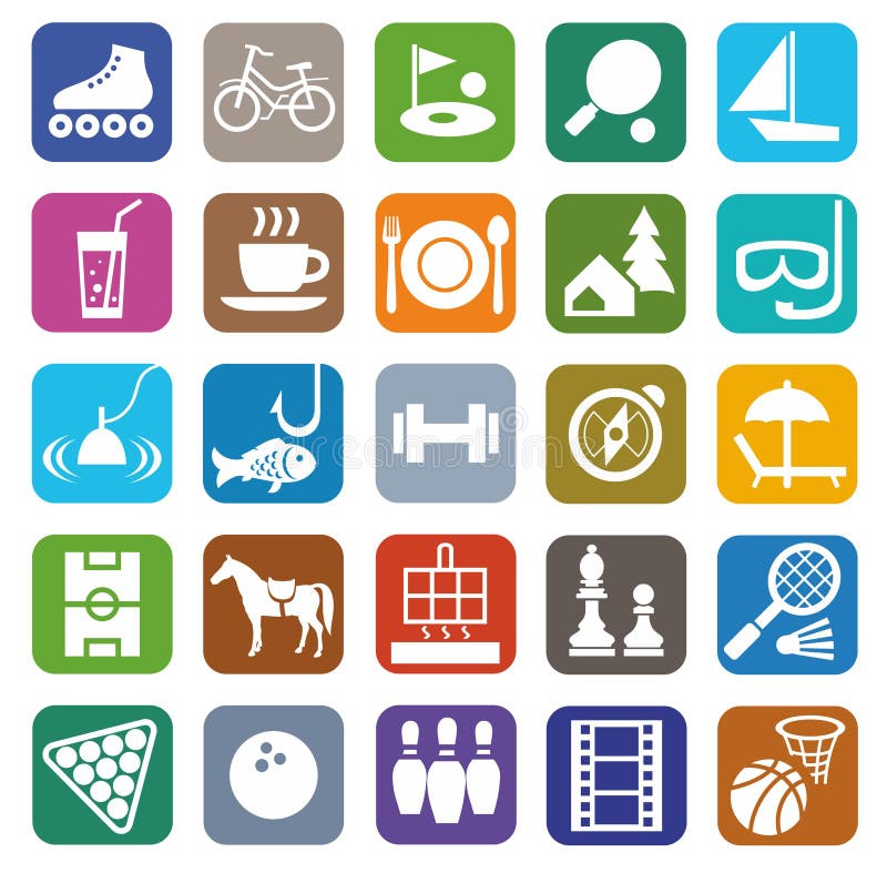 Symbole, Freizeit, Unterhaltung, Erholung, Hobbys, Monochrom, Flach ...