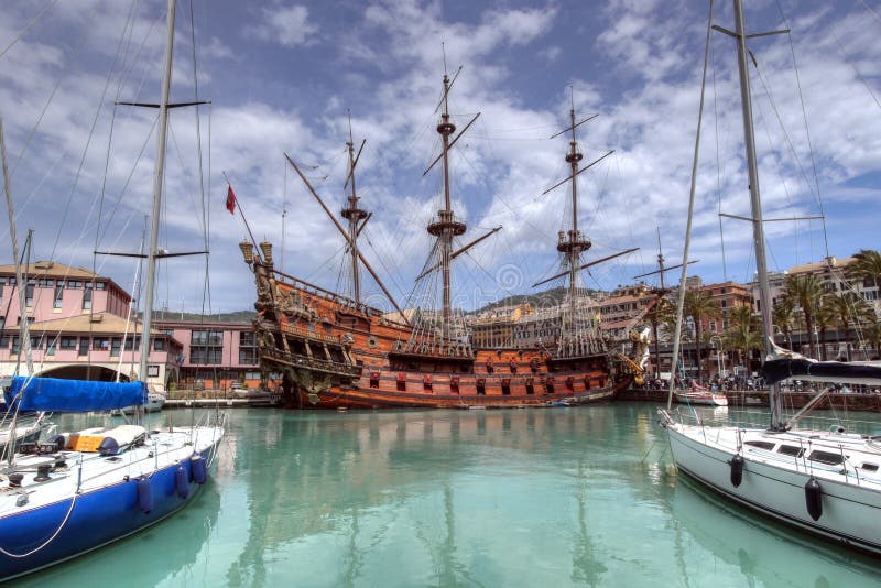 Il Galeone Neptune in Port of Genoa, Italy Stock Photo - Image of ...