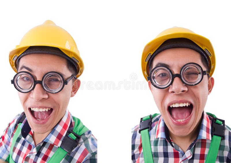 Il Muratore Divertente Isolato Su Bianco Fotografia Stock - Immagine di ...