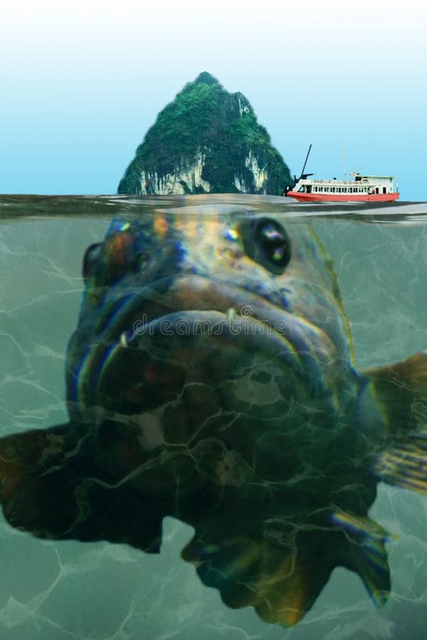 Ilha Com Um Peixe Grande Do Monstro De Mar Abaixo Foto de Stock ...