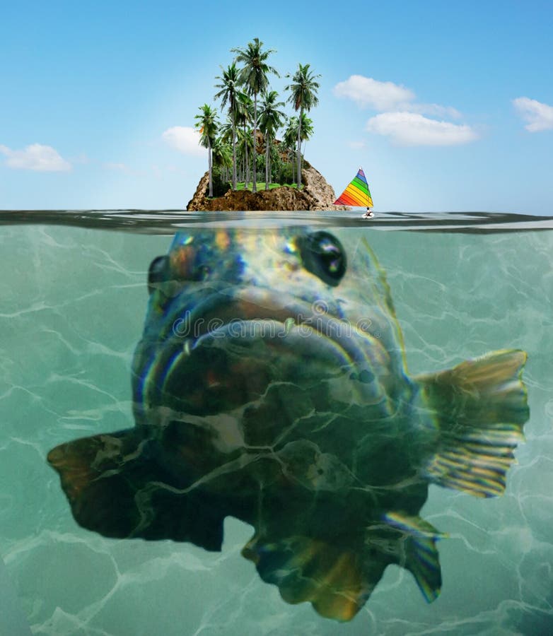 Ilha Com Um Peixe Grande Do Monstro De Mar Abaixo Foto de Stock ...