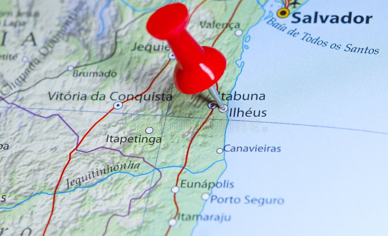Ilheus, Brazil pin on map stock image. Image of cartography - 337481185