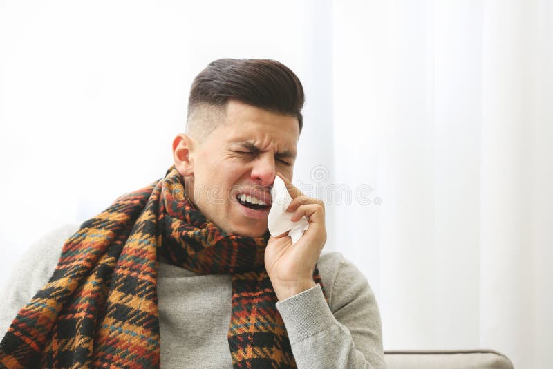Ill Man with Scarf Suffering from Head Cold at Home Stock Image - Image ...