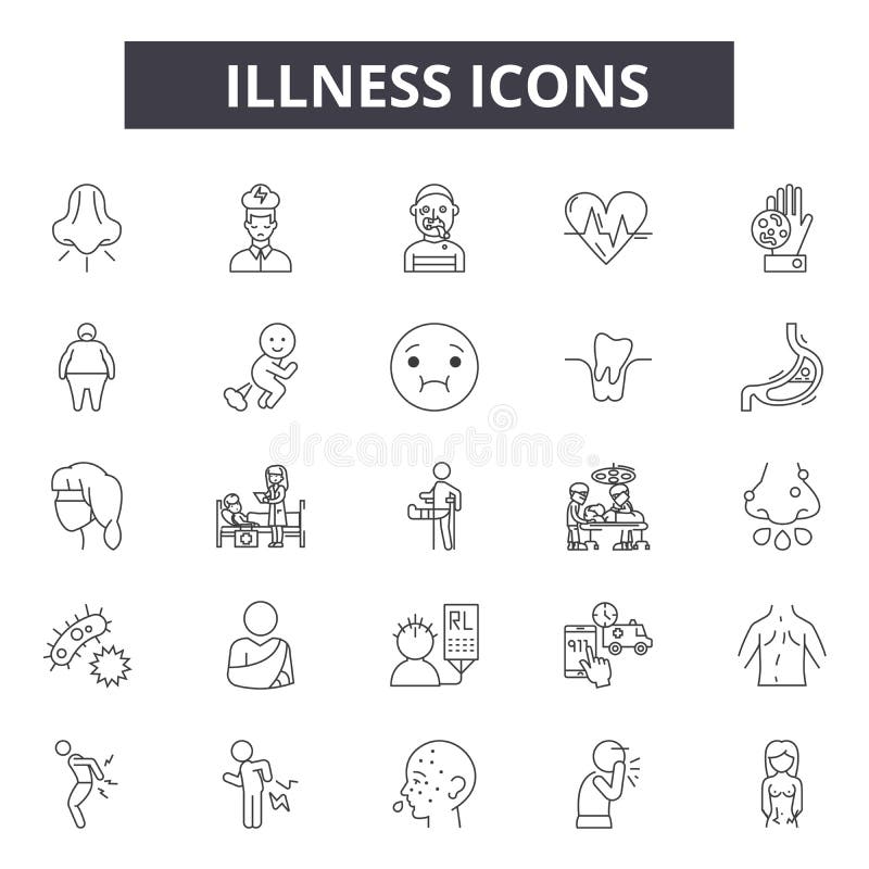 Illness Editable Line Icons Vector Set on Black Background. Illness ...