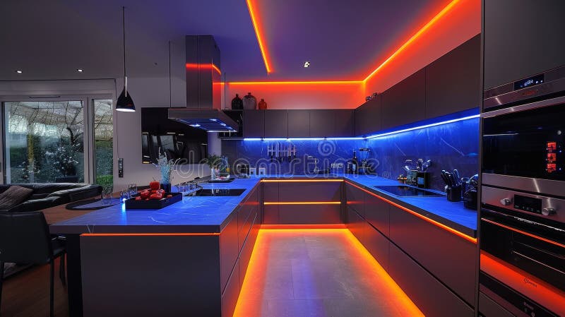 Illuminate Your Kitchen with LED Strips Lining the Cabinets and a Built ...