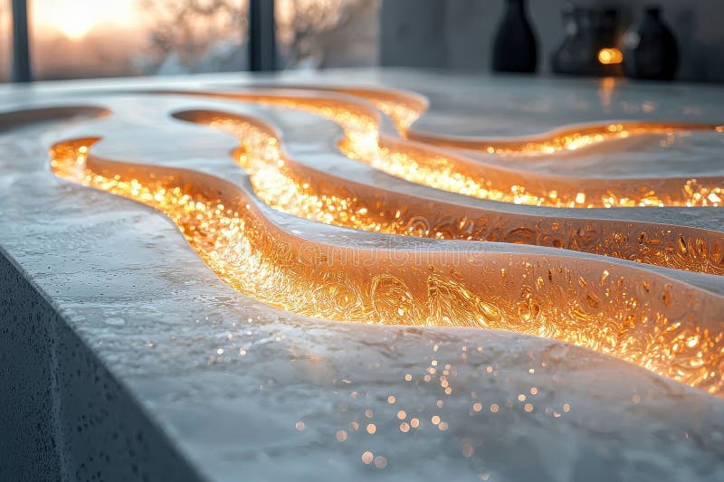 Illuminated Abstract Light Channel Design on a Modern Marble Tabletop ...