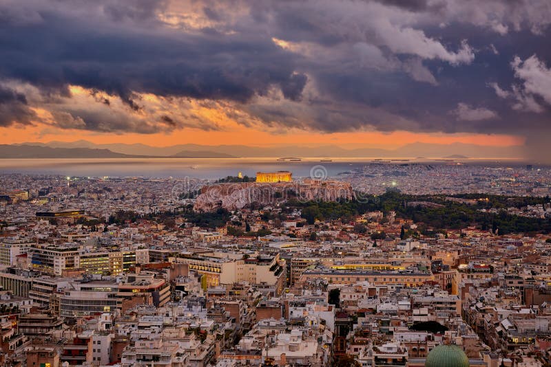 Illuminated Acropolis of Athens Greece at Cloudy Sky Stock Photo ...