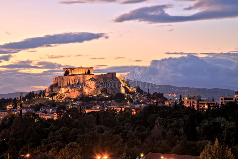 Illuminated Acropolis in Athens, Greece at Dusk Stock Photo - Image of ...