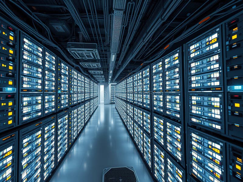 Illuminated Aerial View of a Sprawling Modern Data Center a Global Network Hub for ...