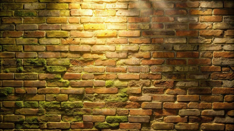 Illuminated Aged Brick Wall Texture with Moss Growth. Generative AI Stock Illustration ...