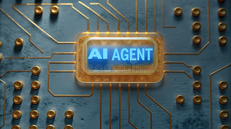 Illuminated AI Agent Text Glows within a Gold Frame on a Blue Circuit ...