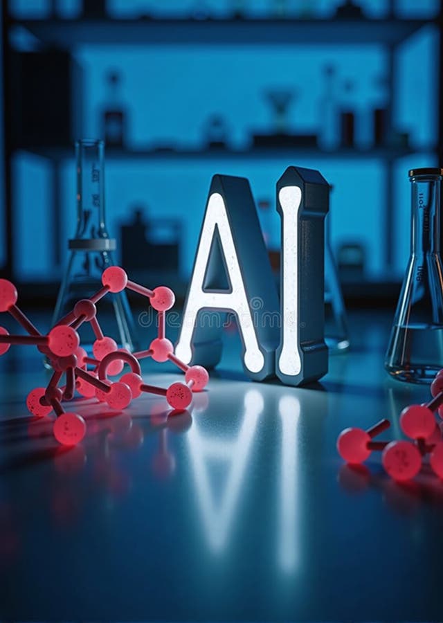 Illuminated AI in Lab Glassware with Molecule Structures. Scientists in ...