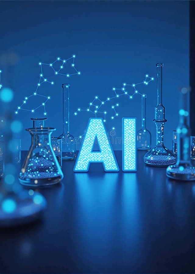 Illuminated AI in Lab Glassware with Molecule Structures. Scientists in ...