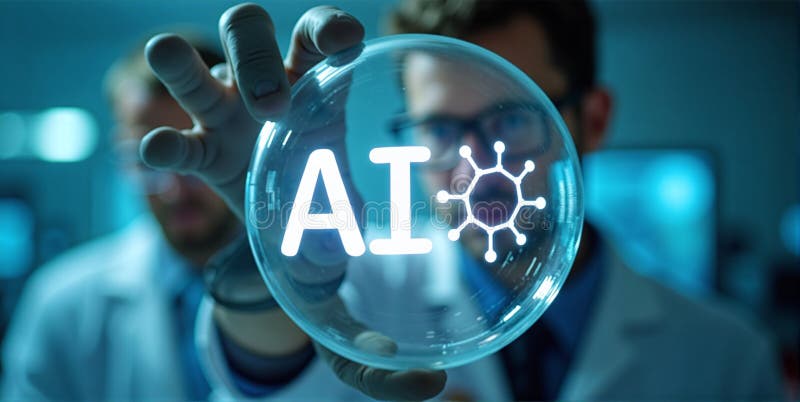 Illuminated AI in Lab Glassware with Molecule Structures. Scientists in ...