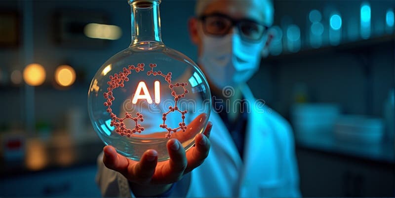 Illuminated AI in Lab Glassware with Molecule Structures. Scientists in ...