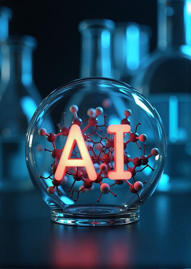 Illuminated AI in Lab Glassware with Molecule Structures. Scientists in ...