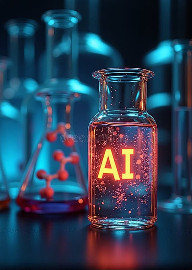Illuminated AI in Lab Glassware with Molecule Structures. Scientists in ...