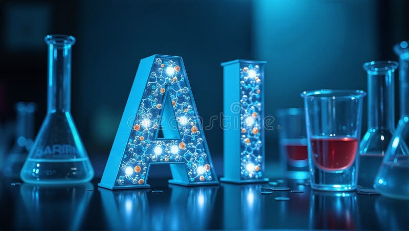 Illuminated AI in Lab Glassware with Molecule Structures. Scientists in Bright Lab, Enhancing ...