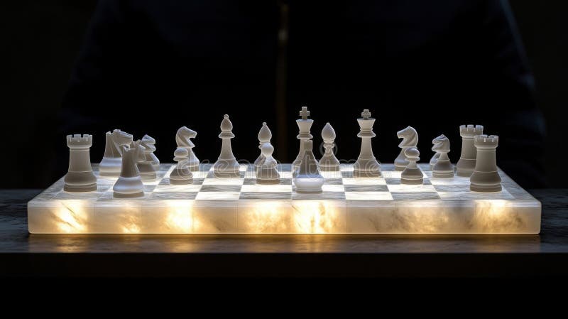 Illuminated Alabaster Chess Set on Dark Background AI-generated. Stock ...