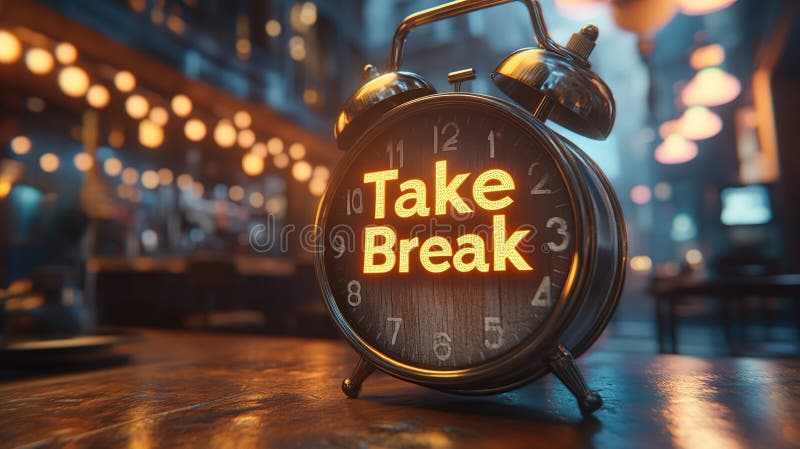 Illuminated Alarm Clock on Wooden Table Displays "Take Break" in a ...