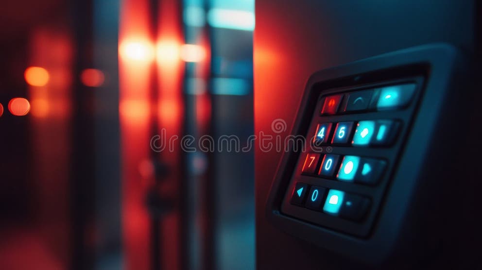 Illuminated Alarm System Keypad in a Dimly Lit Office Space Showcasing ...