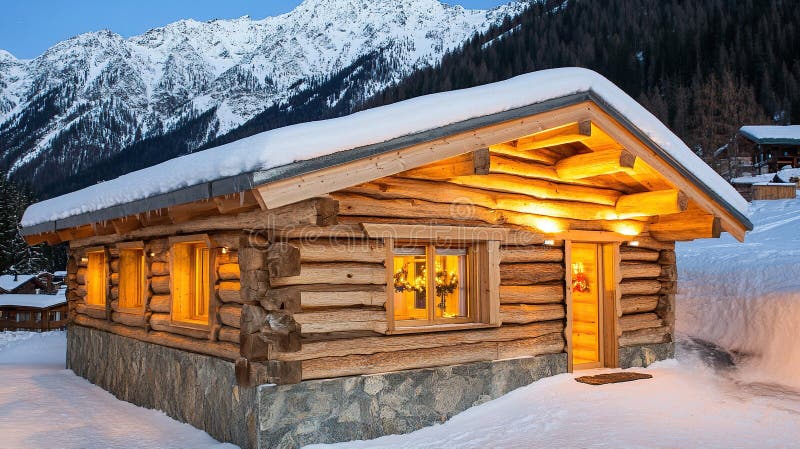 Illuminated Alpine Log Cabin, Snowy Mountains, Night Stock Image ...