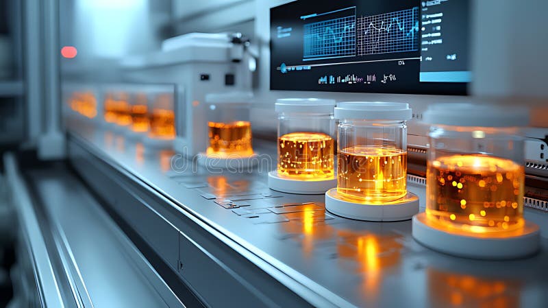 Illuminated Amber Liquid Samples in Glass Beakers on a Laboratory ...