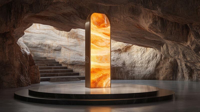 Illuminated Amber Portal in a Dark Stone Cave Stock Illustration - Illustration of shape, light ...