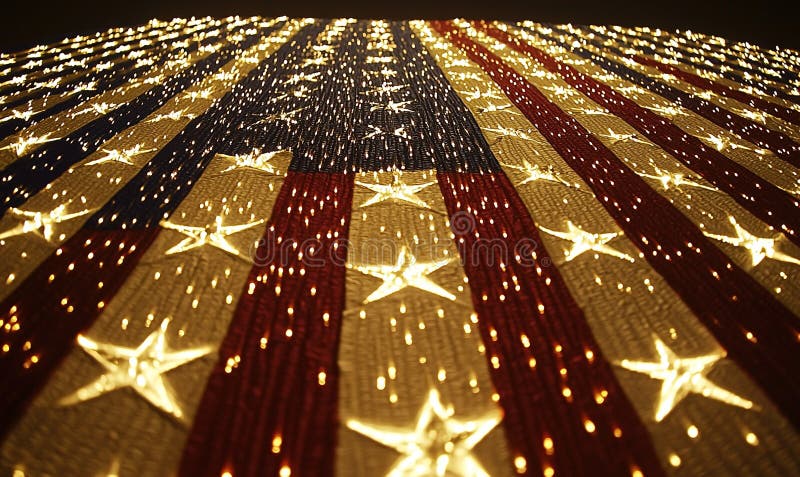 Illuminated American Flag at Night, Low Angle View, Patriotic ...
