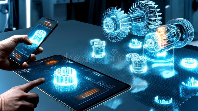 Illuminated Android Interacting with Holographic Tech in a Futuristic ...