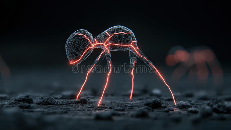 Illuminated Ant Sculpture with Glowing Outlines on Dark Surface Stock ...
