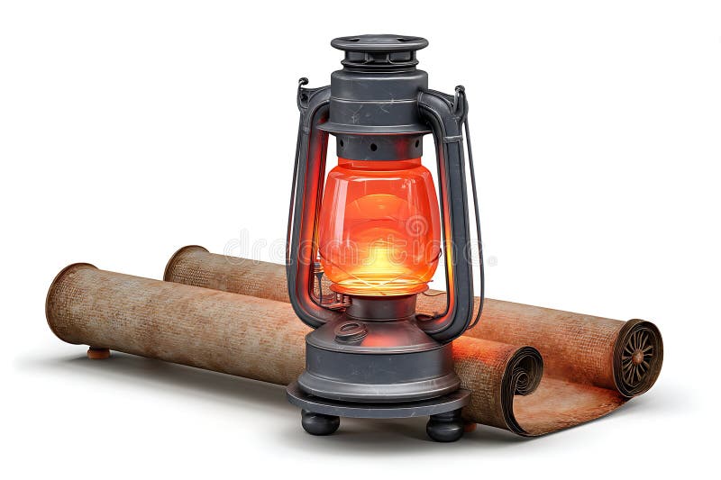 Illuminated Antique Lantern and Ancient Scrolls Symbol of Knowledge and ...