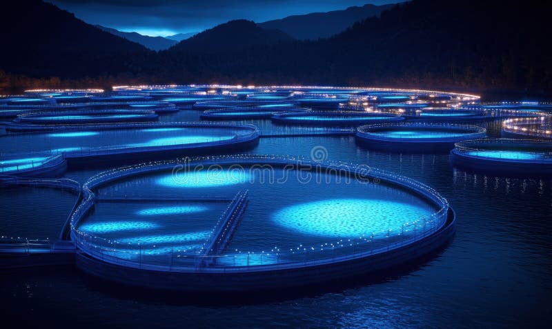 Illuminated Aquaculture Farm at Night with Circular Fish Tanks and ...