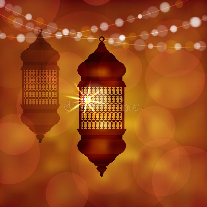 Illuminated Arabic Lamp, Lantern with String of Lights. Modern Blurred ...