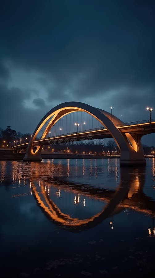 Illuminated Arched Bridge Reflecting Over a Calm River at Night Stock ...