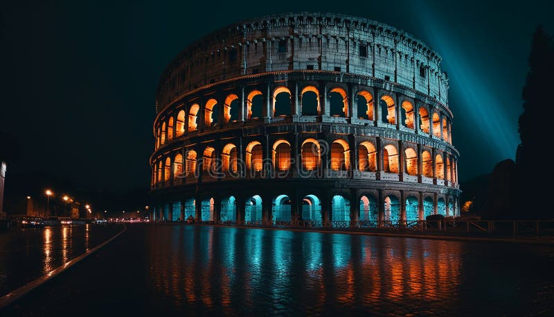 Illuminated Arches Reflect on Water, Ancient History Illuminated ...