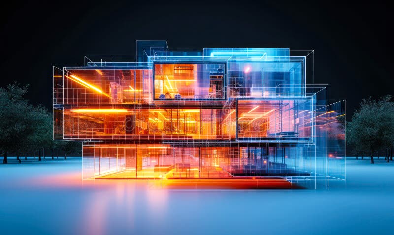 Illuminated Architectural Blueprint of a Modern Building Design with ...