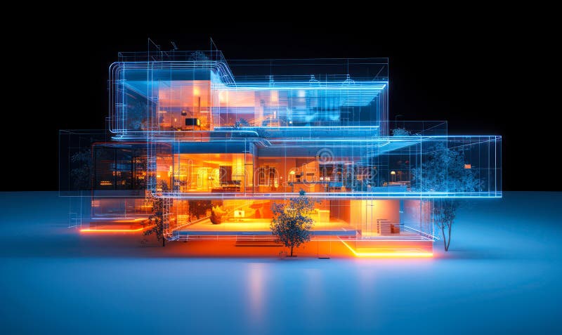 Illuminated Architectural Blueprint of a Modern Building Design with ...
