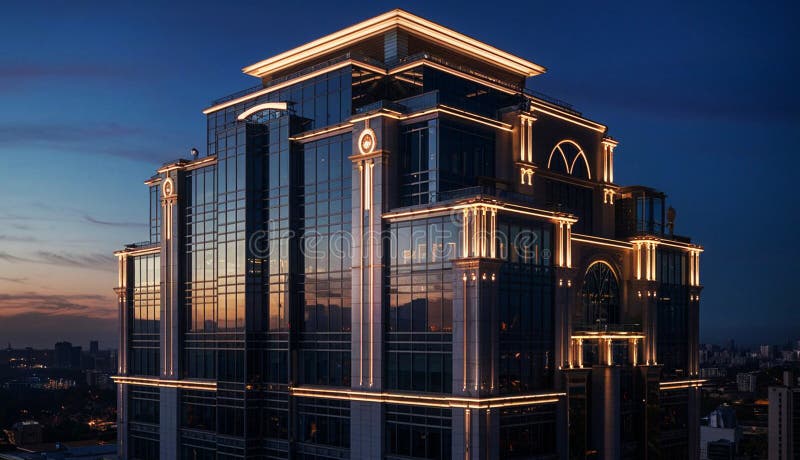 Illuminated Architectural Building: Twilight View Detailed Design in ...