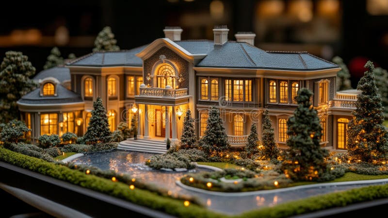 Illuminated Architectural Model of a Grand Mansion Stock Illustration ...