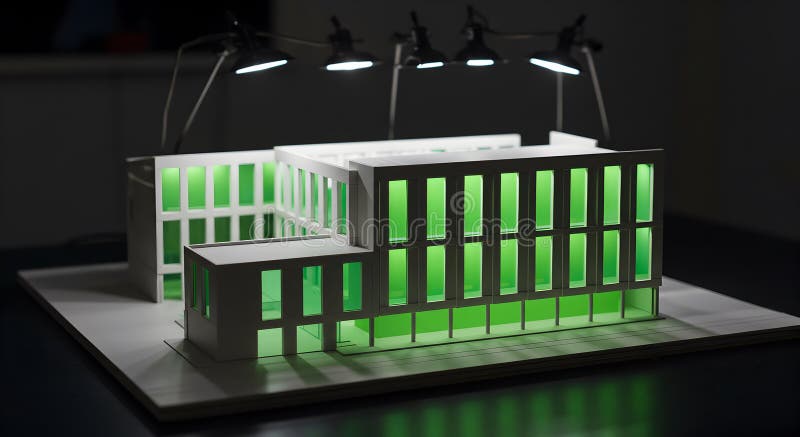 Illuminated Architectural Model of Modern Building with a Bright Green ...