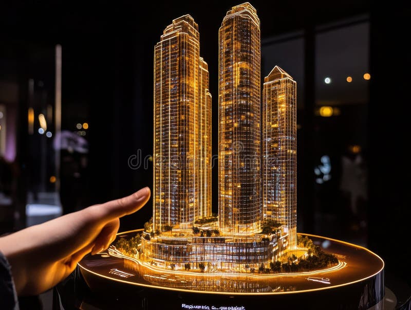 Illuminated Architectural Model of Modern Skyscrapers Stock ...
