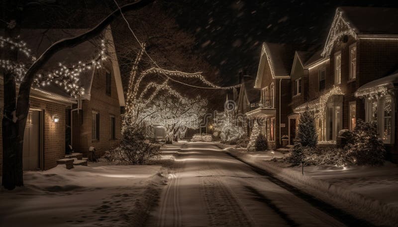 Illuminated Architecture in Winter, Snow Covered Tree Outdoors ...