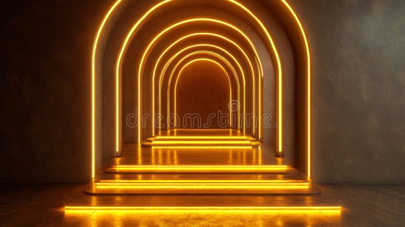 Illuminated Archway Passageway with Golden Steps Stock Illustration ...
