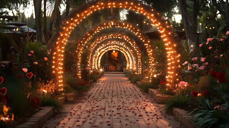 Illuminated Archway Path, Rose Petals, Garden Wedding Stock ...