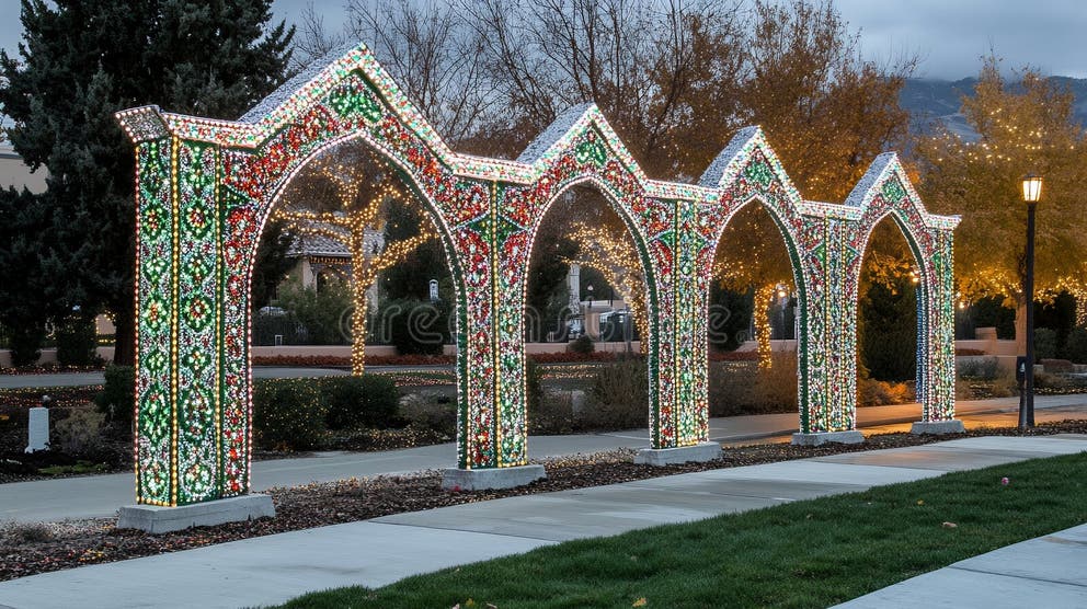 Illuminated Archway Structures in a Park Setting during an Evening Time ...